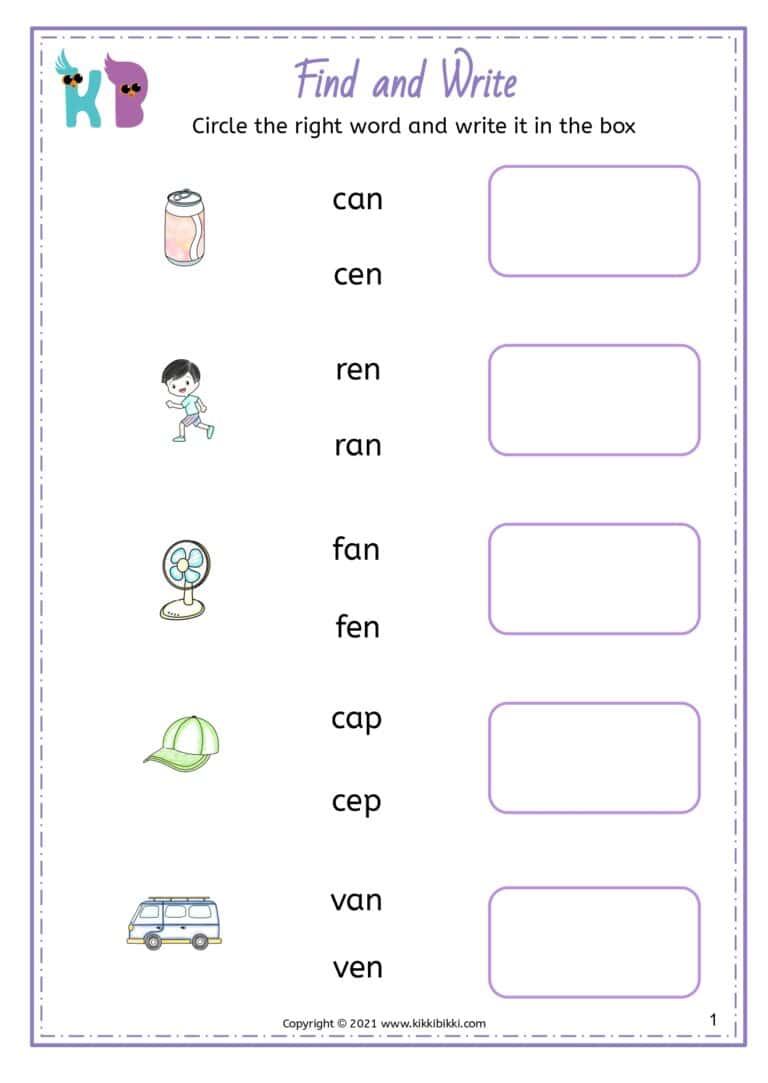 CVC A Sound Family: Find and Write Worksheets for Kindergarten