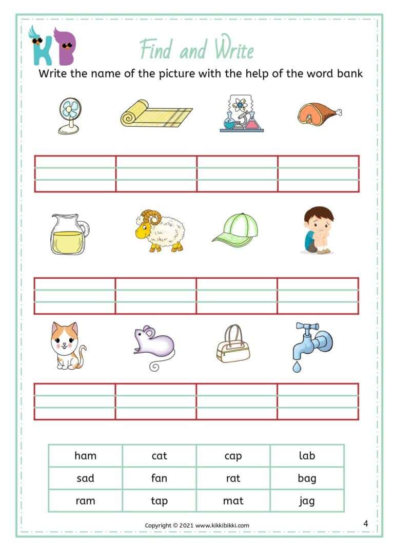 CVC A Sound Family: Find and Write Worksheets for Kindergarten
