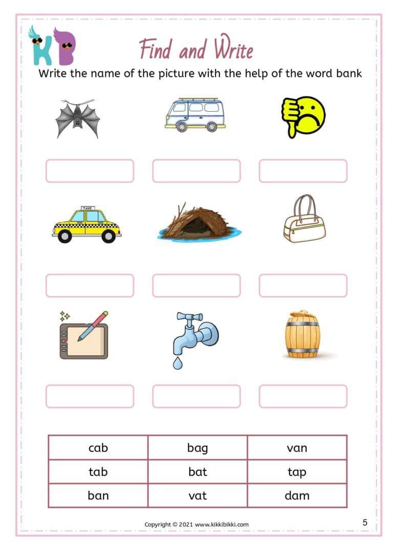 CVC A Sound Family: Find and Write Worksheets for Kindergarten