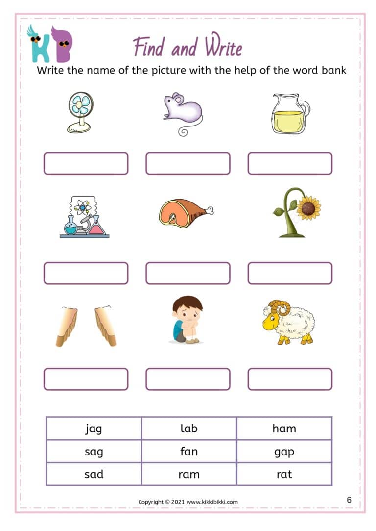 CVC A Sound Family: Find and Write Worksheets for Kindergarten