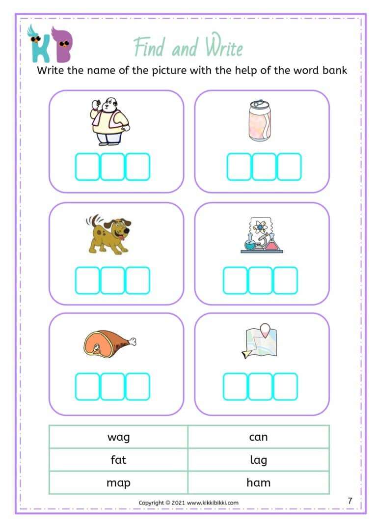CVC A Sound Family: Find and Write Worksheets for Kindergarten