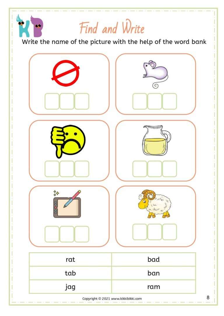 CVC A Sound Family: Find and Write Worksheets for Kindergarten
