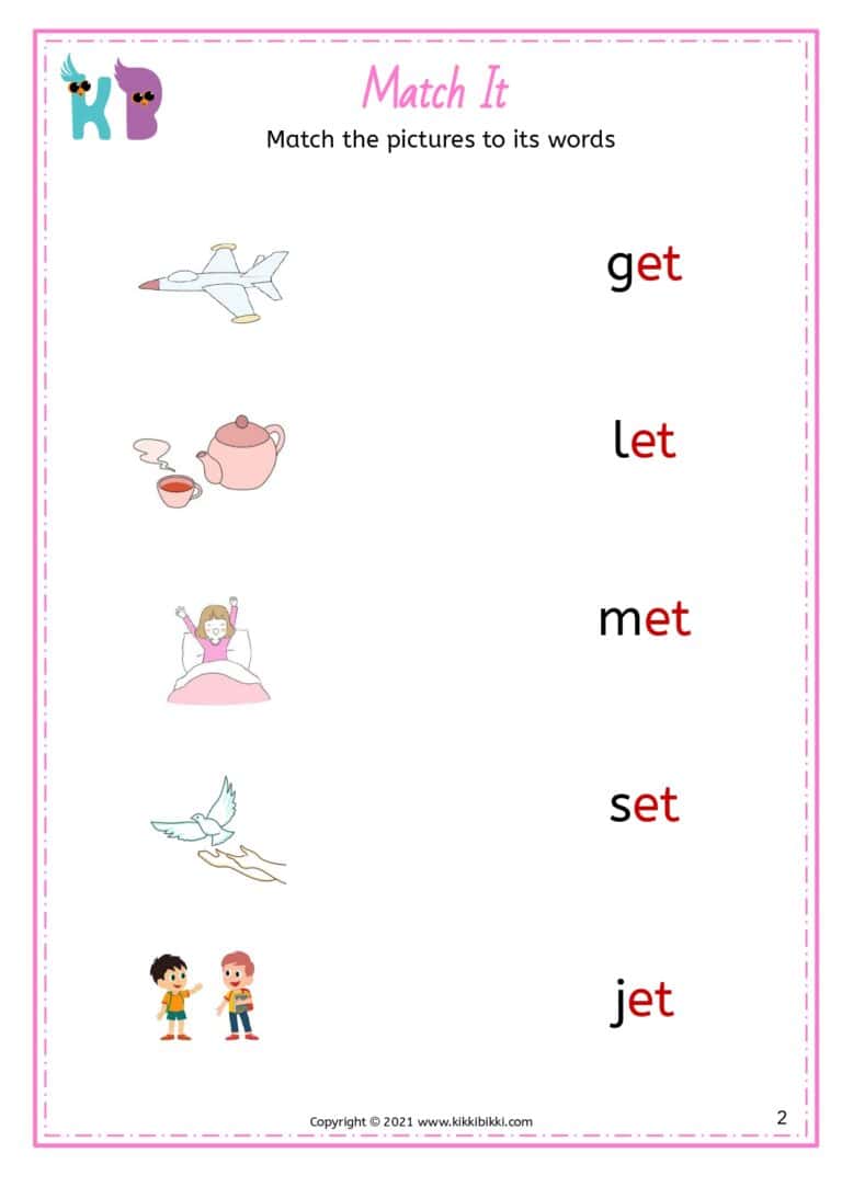 CVC ET Word Family - Match It Worksheets for Kindergarten