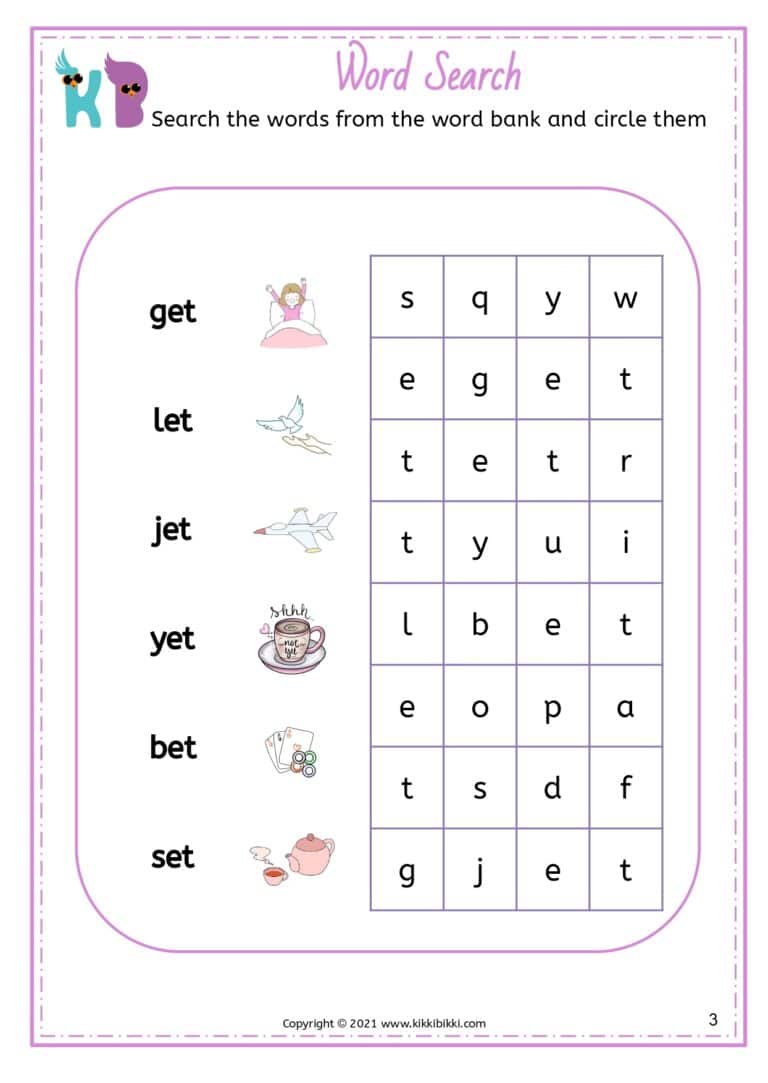CVC ET Word Family - Word Search Worksheets for Kindergarten