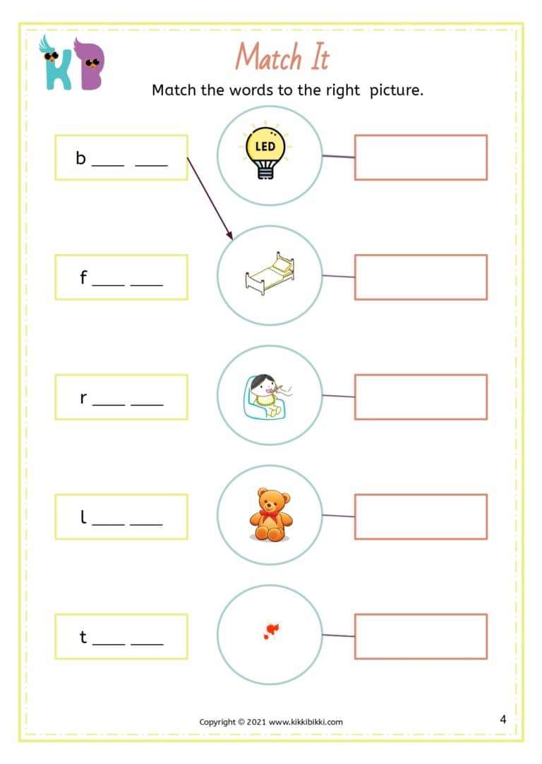 CVC ED Word Family - Match It Worksheets for Kindergarten