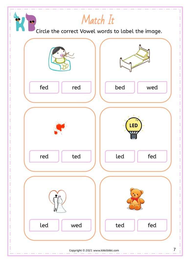 CVC ED Word Family - Match It Worksheets for Kindergarten