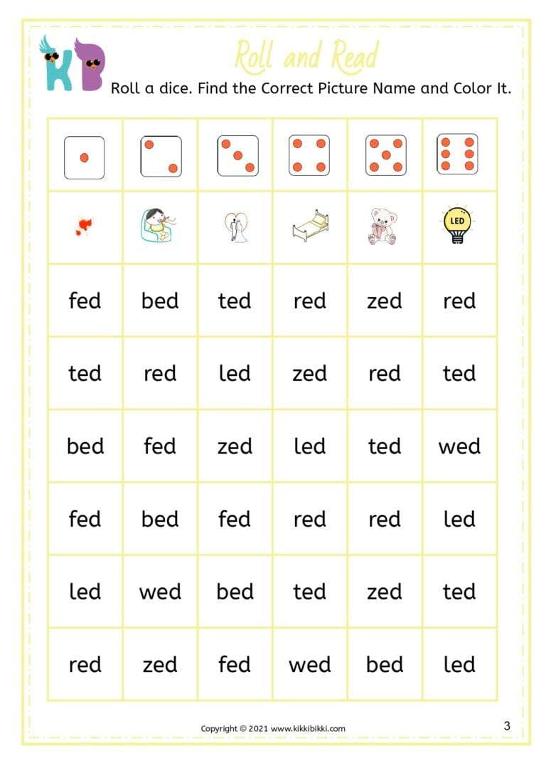 CVC ED Word Family - Roll and Read Worksheets for Kindergarten