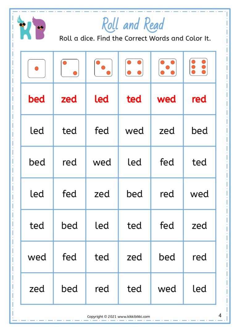 CVC ED Word Family - Roll and Read Worksheets for Kindergarten