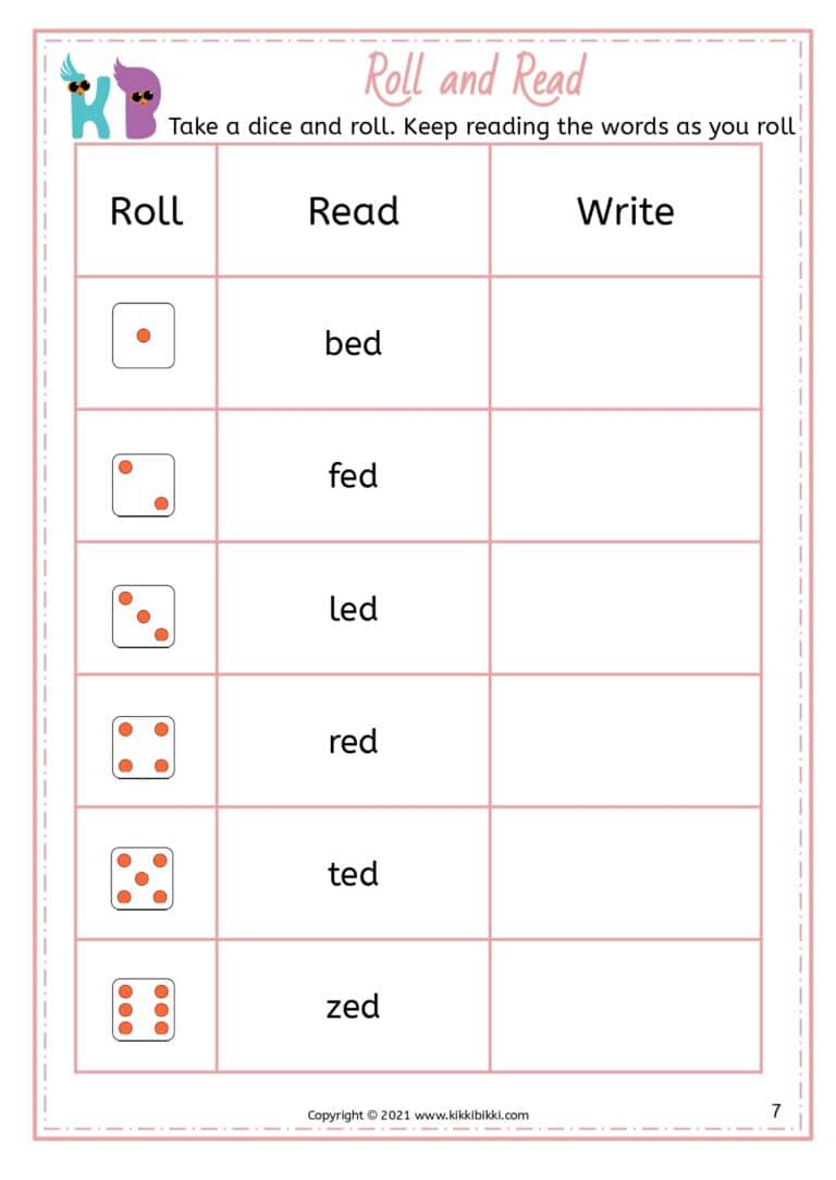 CVC ED Word Family - Roll and Read Worksheets for Kindergarten