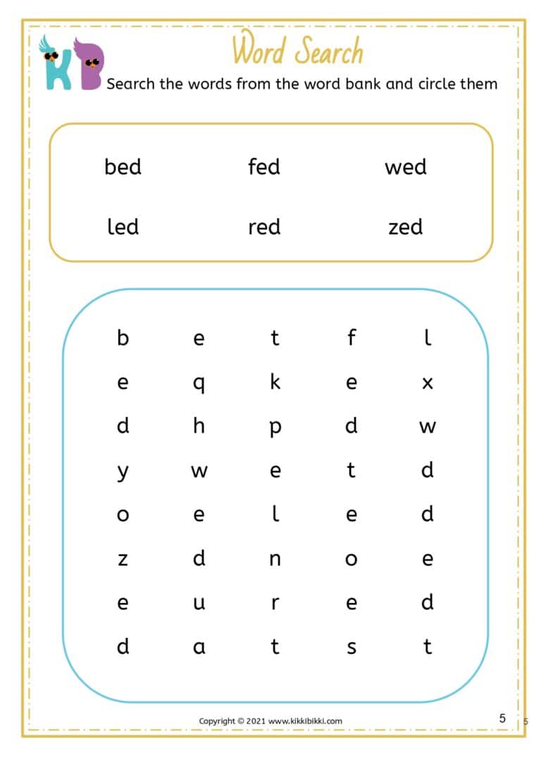CVC ED Word Family - Word Search Worksheets for Kindergarten