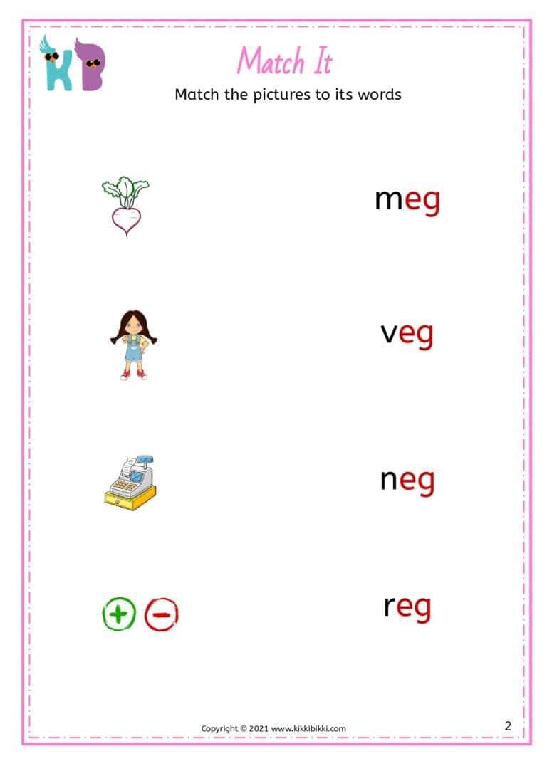 CVC EG Word Family - Match It Worksheets for Kindergarten