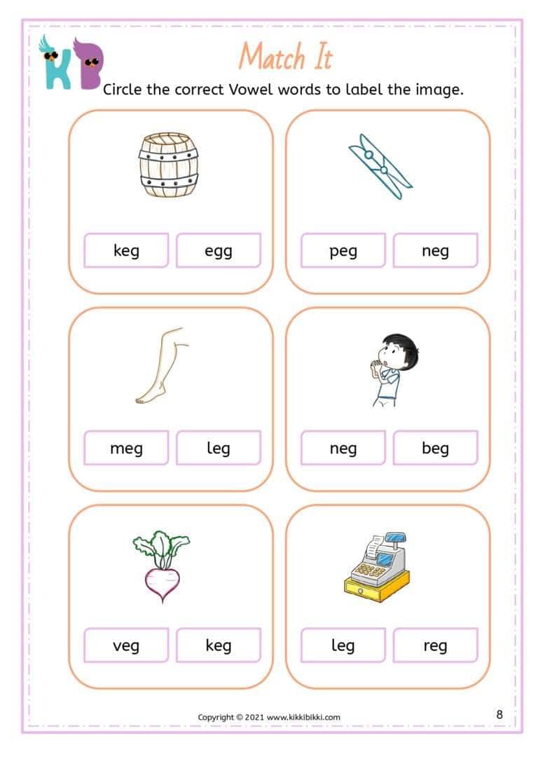 CVC EG Word Family - Match It Worksheets for Kindergarten
