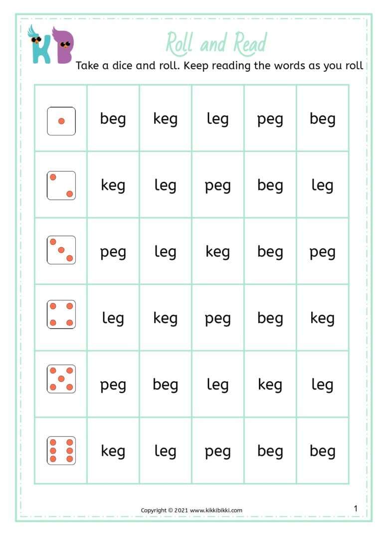 CVC EG Word Family - Roll and Read Worksheets for Kindergarten