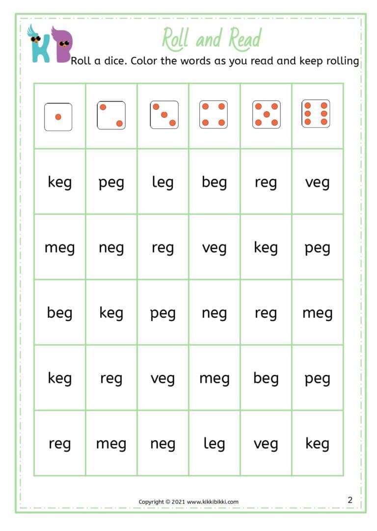 CVC EG Word Family - Roll and Read Worksheets for Kindergarten