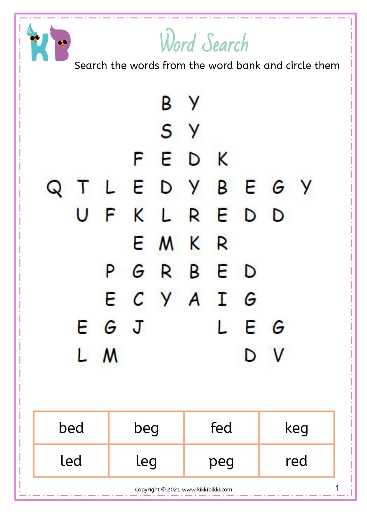 CVC EG Word Family - Word Search Worksheets for Kindergarten