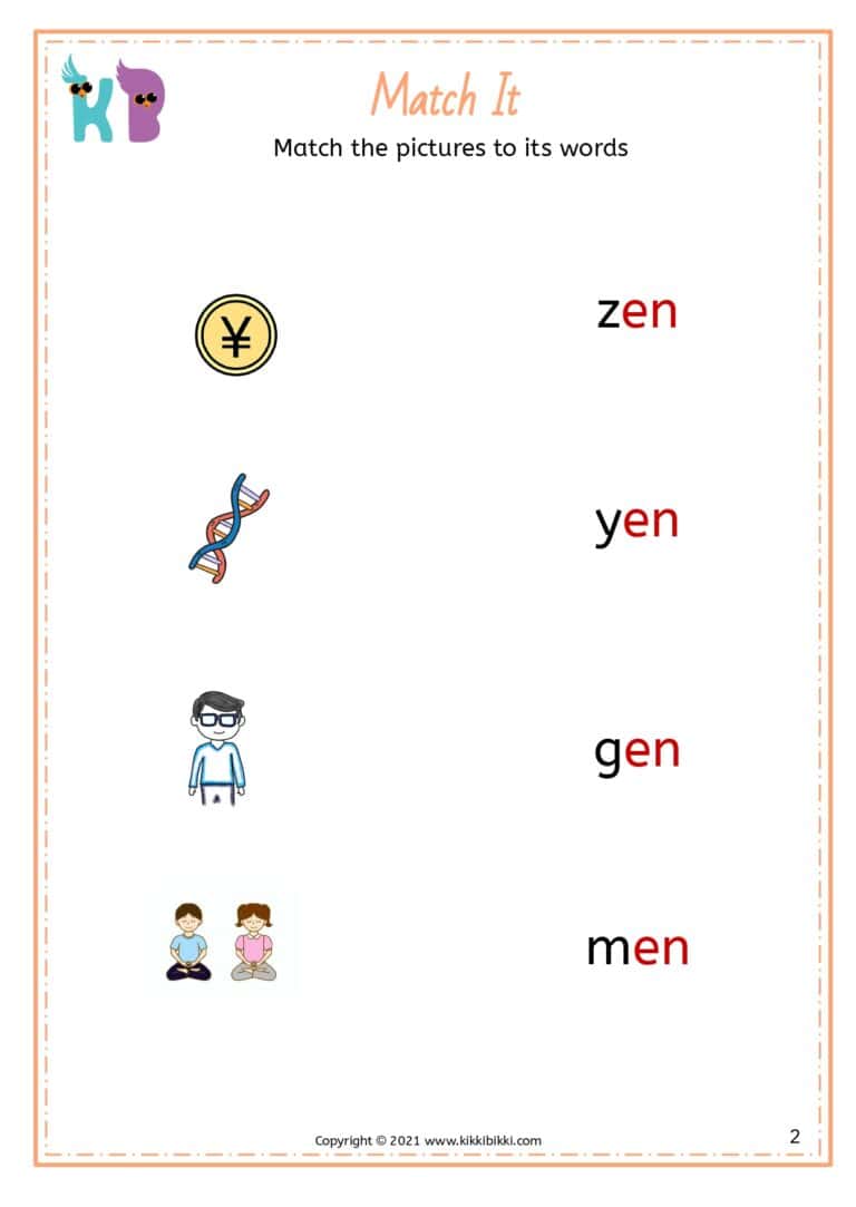 Phonics Fun: CVC EN Word Family - Match It Worksheets