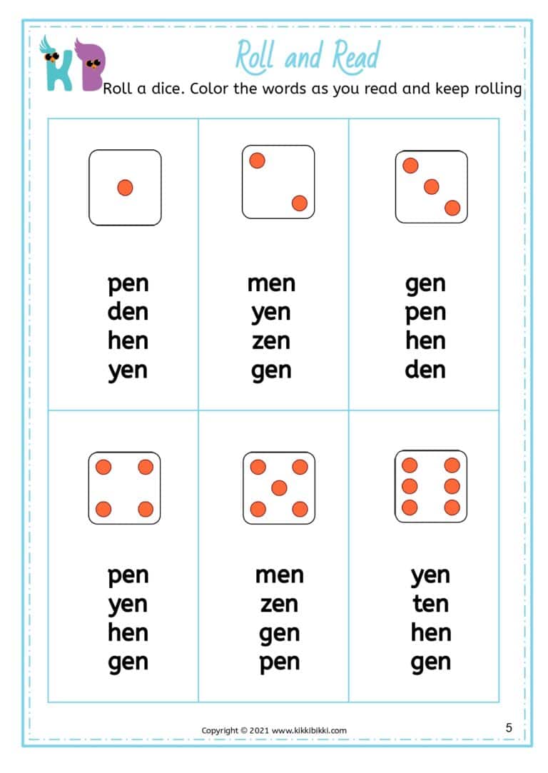 Phonics Fun: CVC EN Word Family - Roll and Read Worksheets