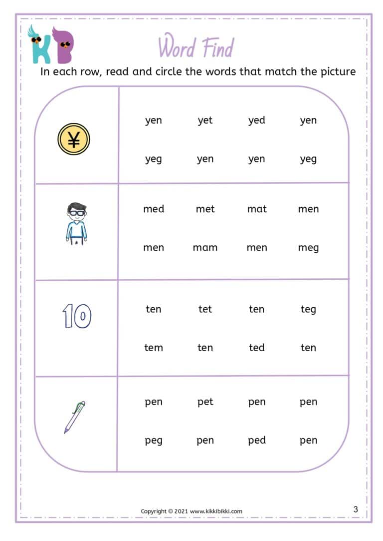 Phonics Fun: CVC EN Word Family - Read and Find Worksheets