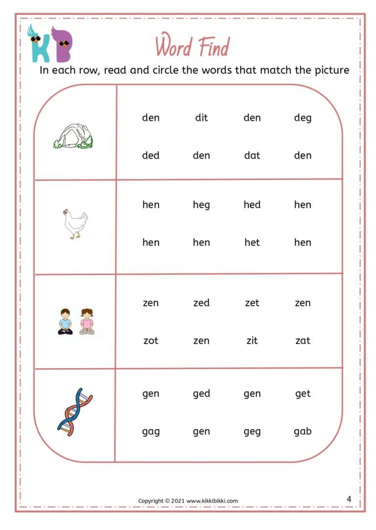 Phonics Fun: CVC EN Word Family - Read and Find Worksheets
