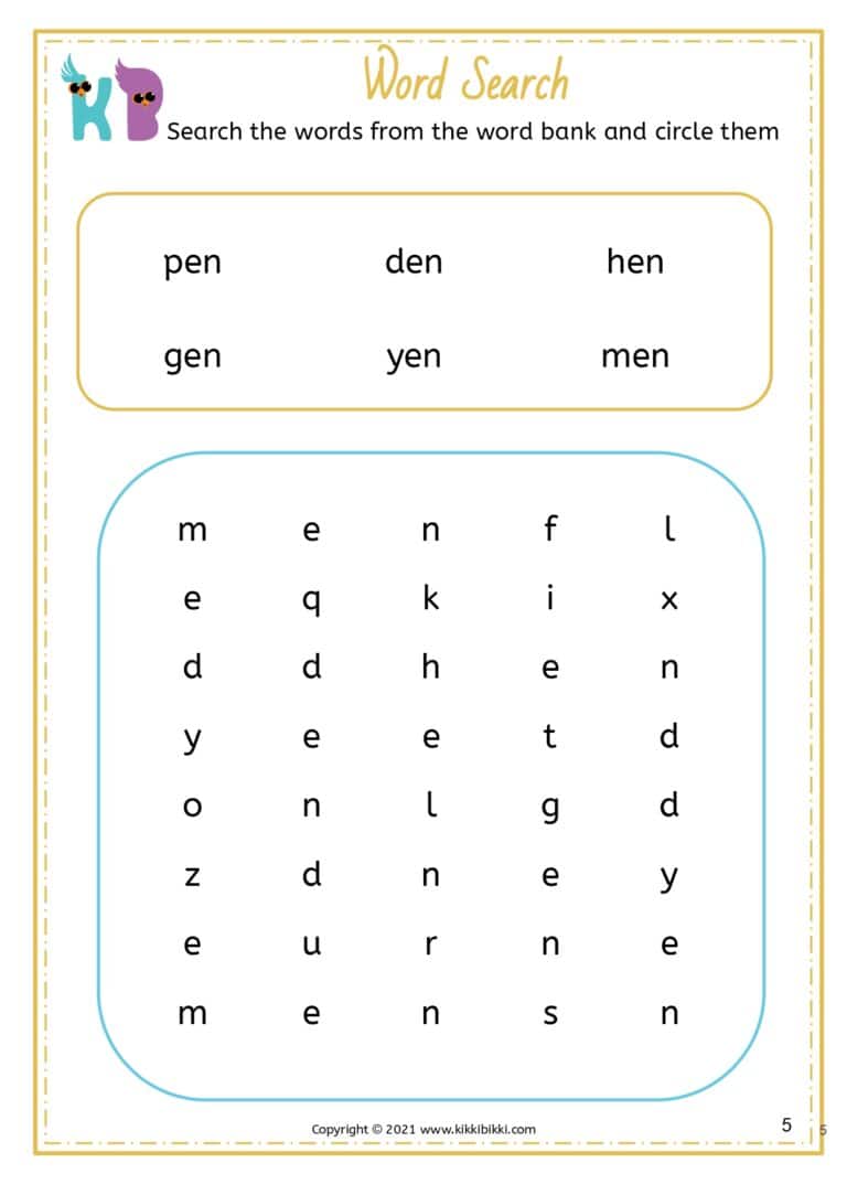 CVC EN Word Family - Word Search Worksheets for Kindergarten