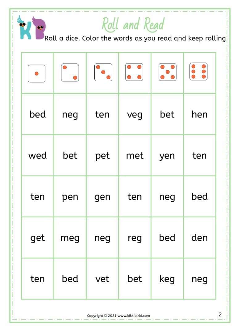 Consolidation of E Sound Family - Roll and Read Worksheets