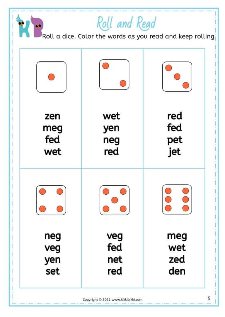 Consolidation of E Sound Family - Roll and Read Worksheets