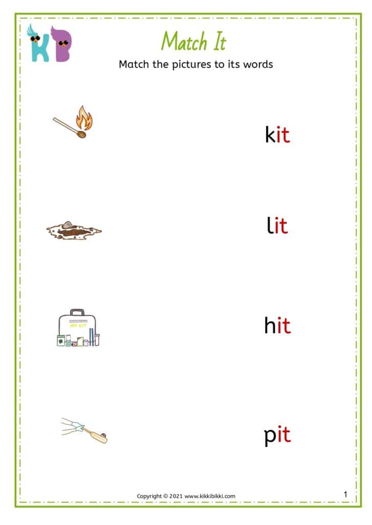 CVC IT Word Family - Match It Worksheets for Kindergarten