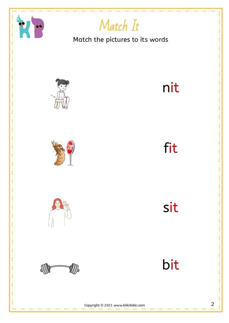 CVC IT Word Family - Match It Worksheets for Kindergarten