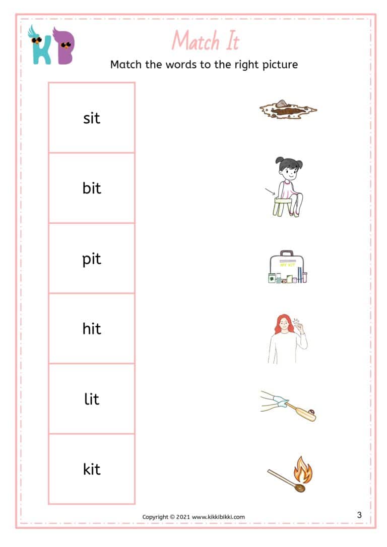 CVC IT Word Family - Match It Worksheets for Kindergarten