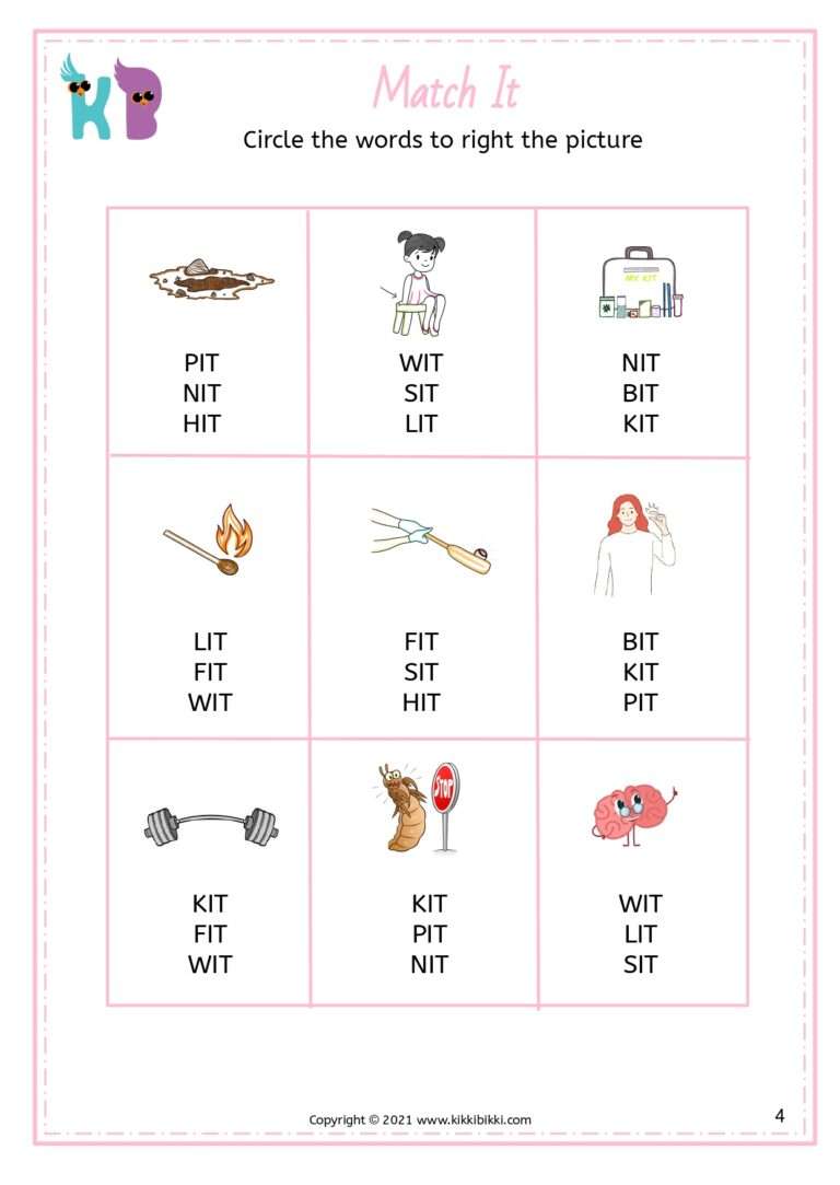 CVC IT Word Family - Match It Worksheets for Kindergarten