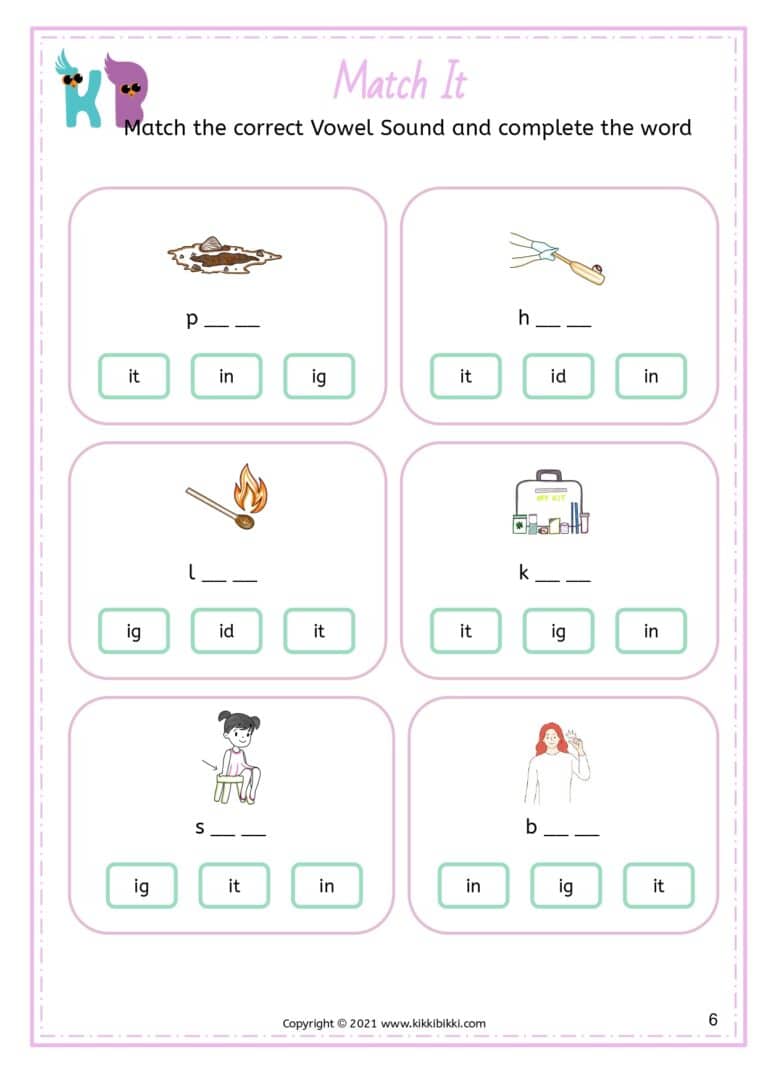 CVC IT Word Family - Match It Worksheets for Kindergarten