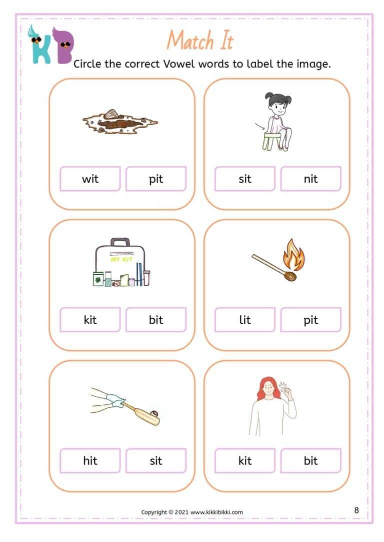CVC IT Word Family - Match It Worksheets for Kindergarten