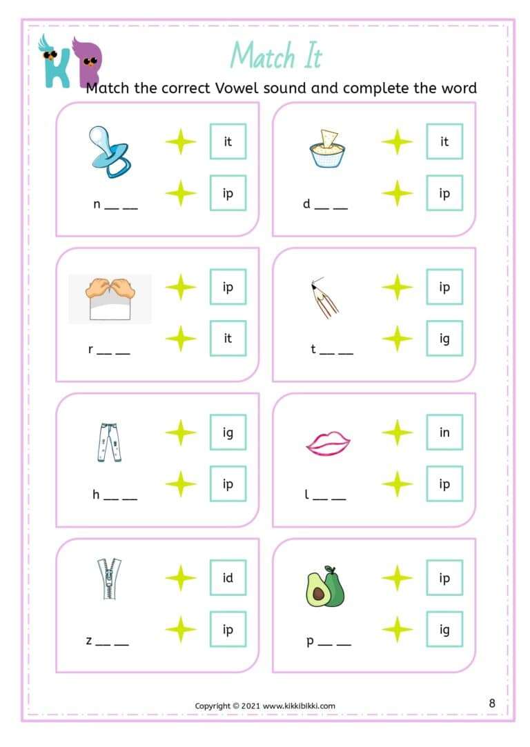 CVC IP Word Family - Match It Worksheets for Kindergarten"