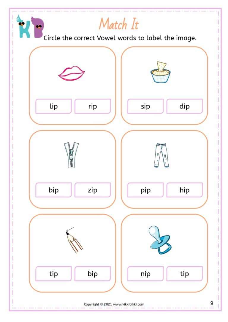 CVC IP Word Family - Match It Worksheets for Kindergarten"