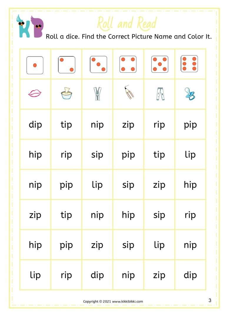 CVC IP Word Family - Roll and Read Worksheets for Kindergarten