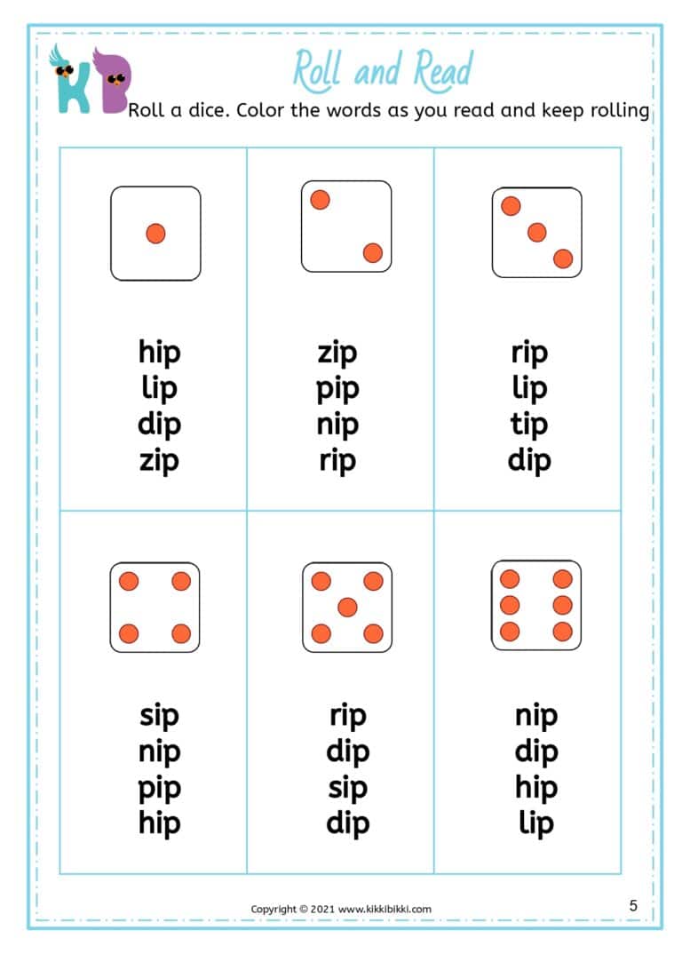 CVC IP Word Family - Roll and Read Worksheets for Kindergarten