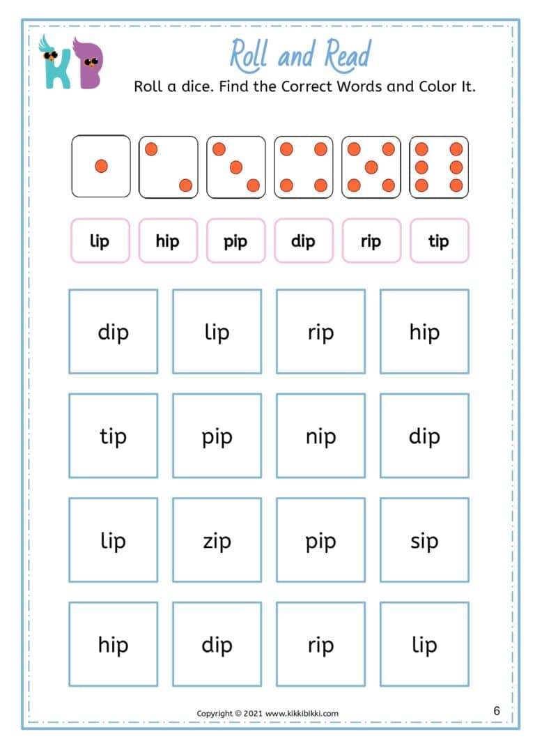 CVC IP Word Family - Roll and Read Worksheets for Kindergarten