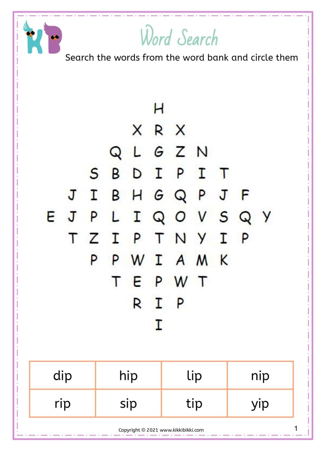 Phonics Fun: CVC IP Word Family - Word Search Worksheets
