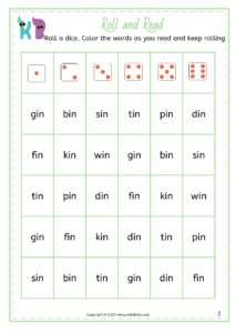CVC IN Word Family - Roll and Read Worksheets for Kindergarten
