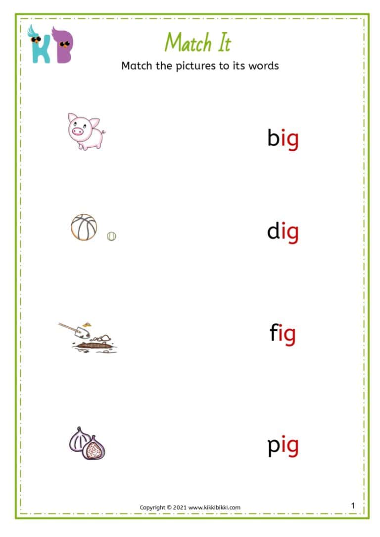CVC IG Word Family: Free Worksheet for Matching Words