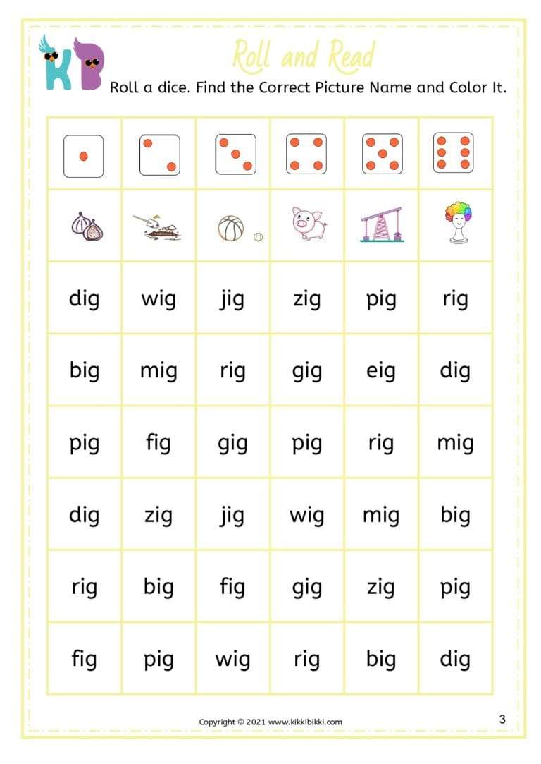 CVC IG Word Family - Roll and Read Worksheets for Kindergarten