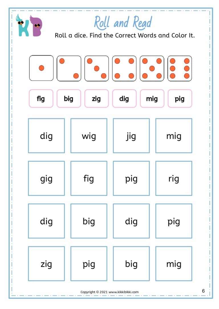 CVC IG Word Family - Roll and Read Worksheets for Kindergarten