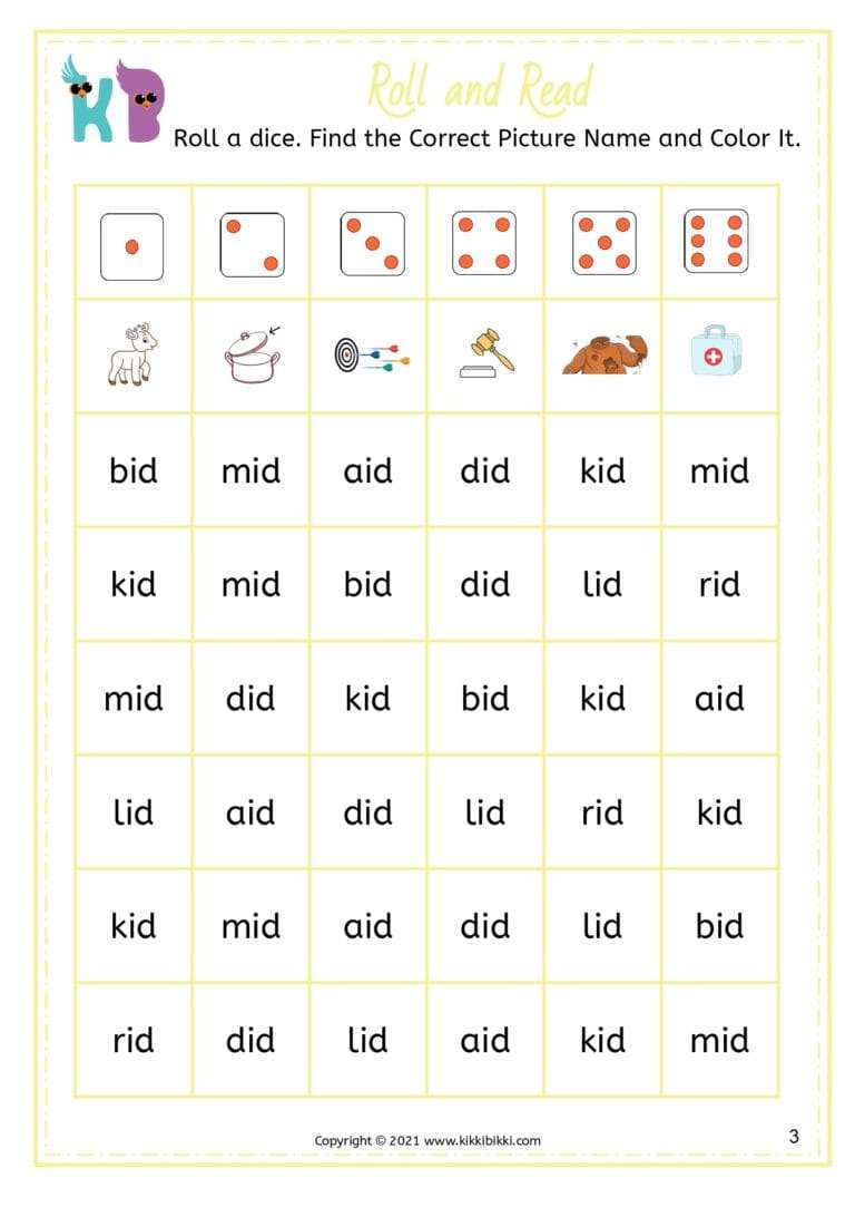 Phonics Fun: CVC ID Word Family Roll and Read Worksheet
