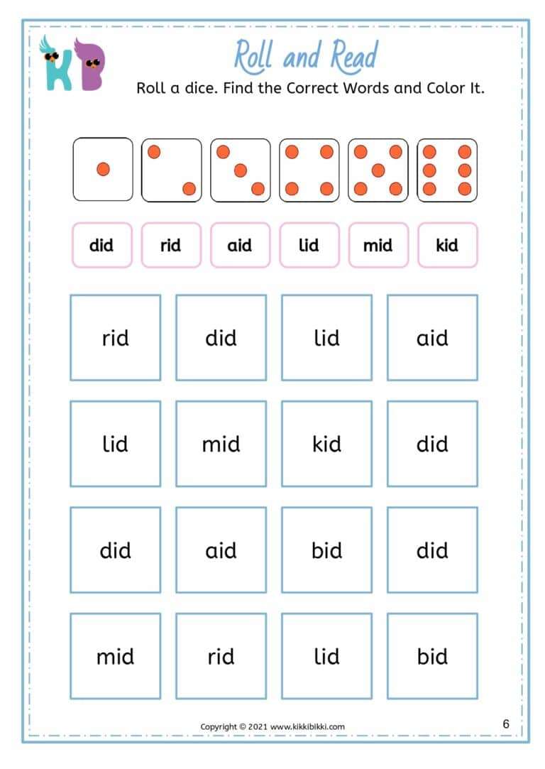 Phonics Fun: CVC ID Word Family Roll and Read Worksheet