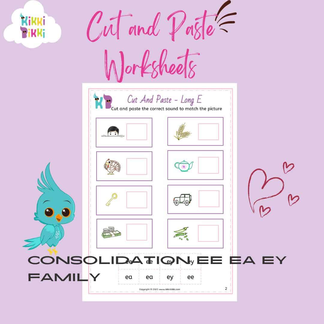 EE, EA, EY Sound Family - Cut and Paste Worksheets for Kids