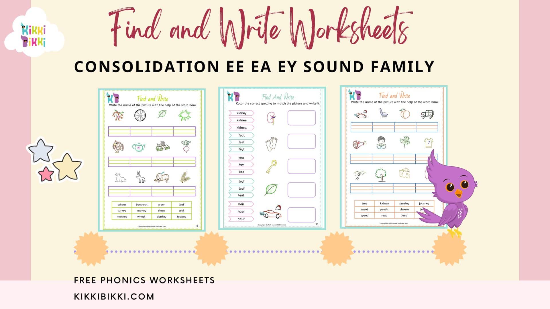 EE, EA, EY Sound Family - Find and Write Worksheets for Kids