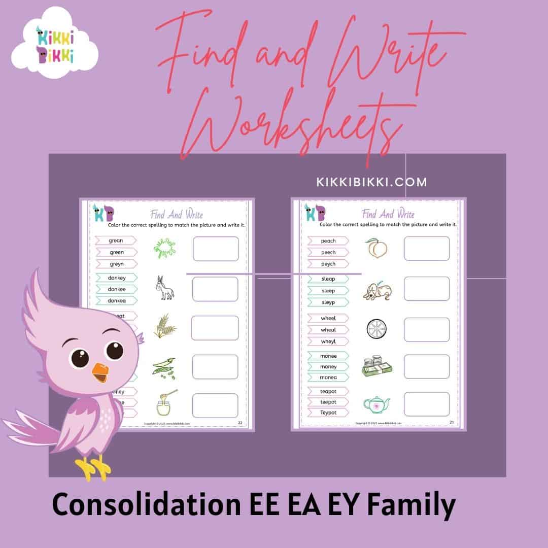 EE, EA, EY Sound Family - Find and Write Worksheets for Kids