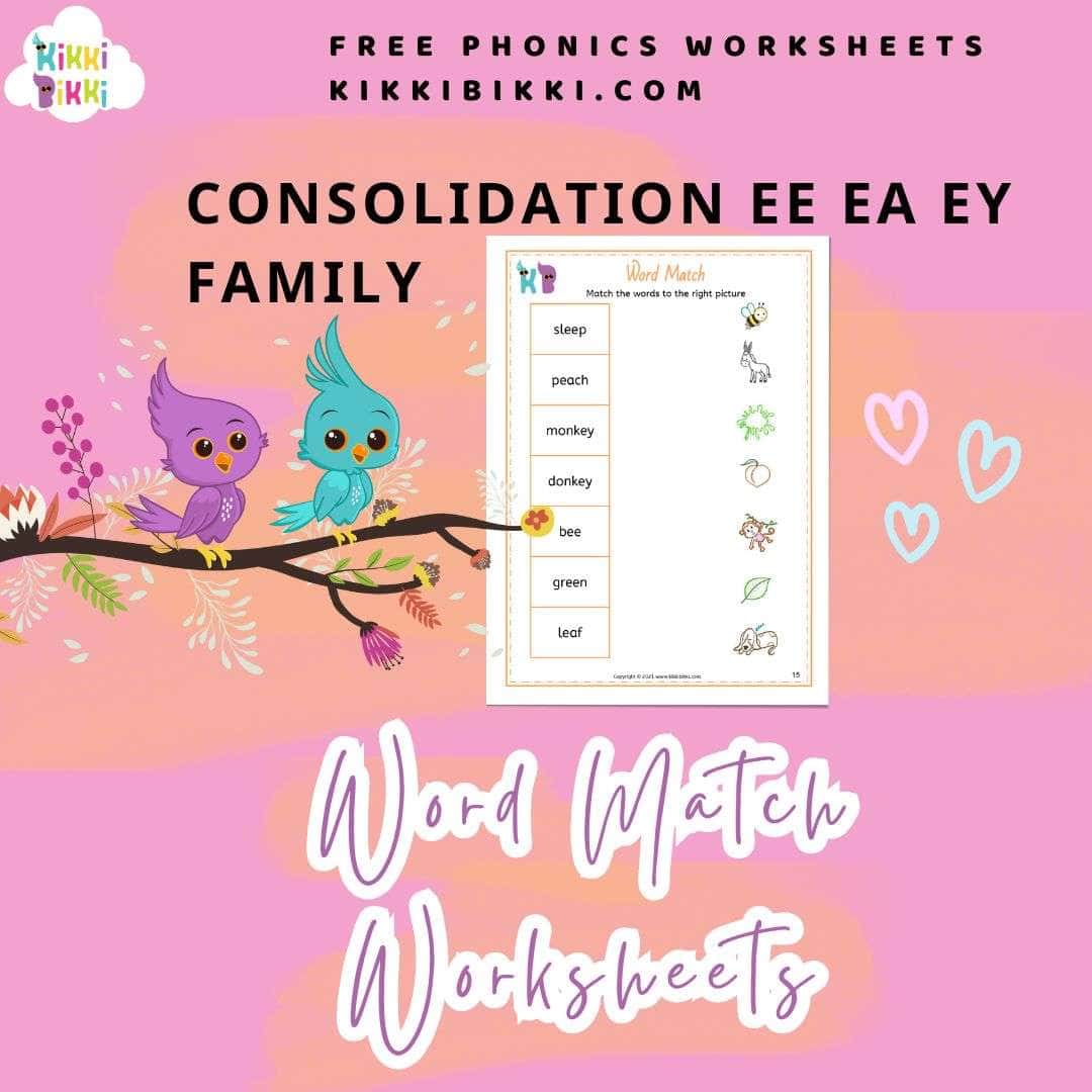 EE, EA, EY Sound Family - Word Match Worksheets for Kids