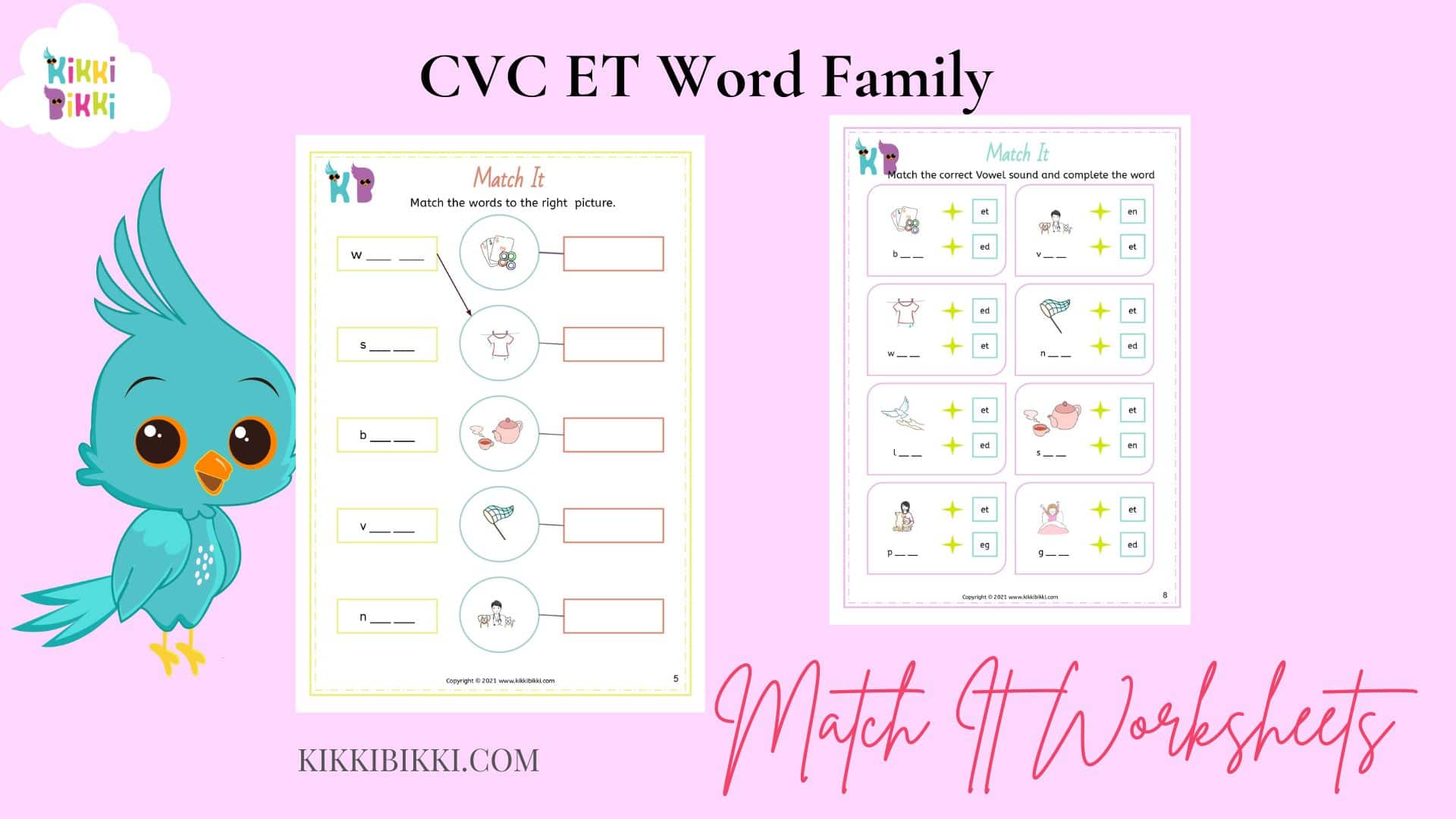 CVC ET Word Family - Match It Worksheets for Kindergarten