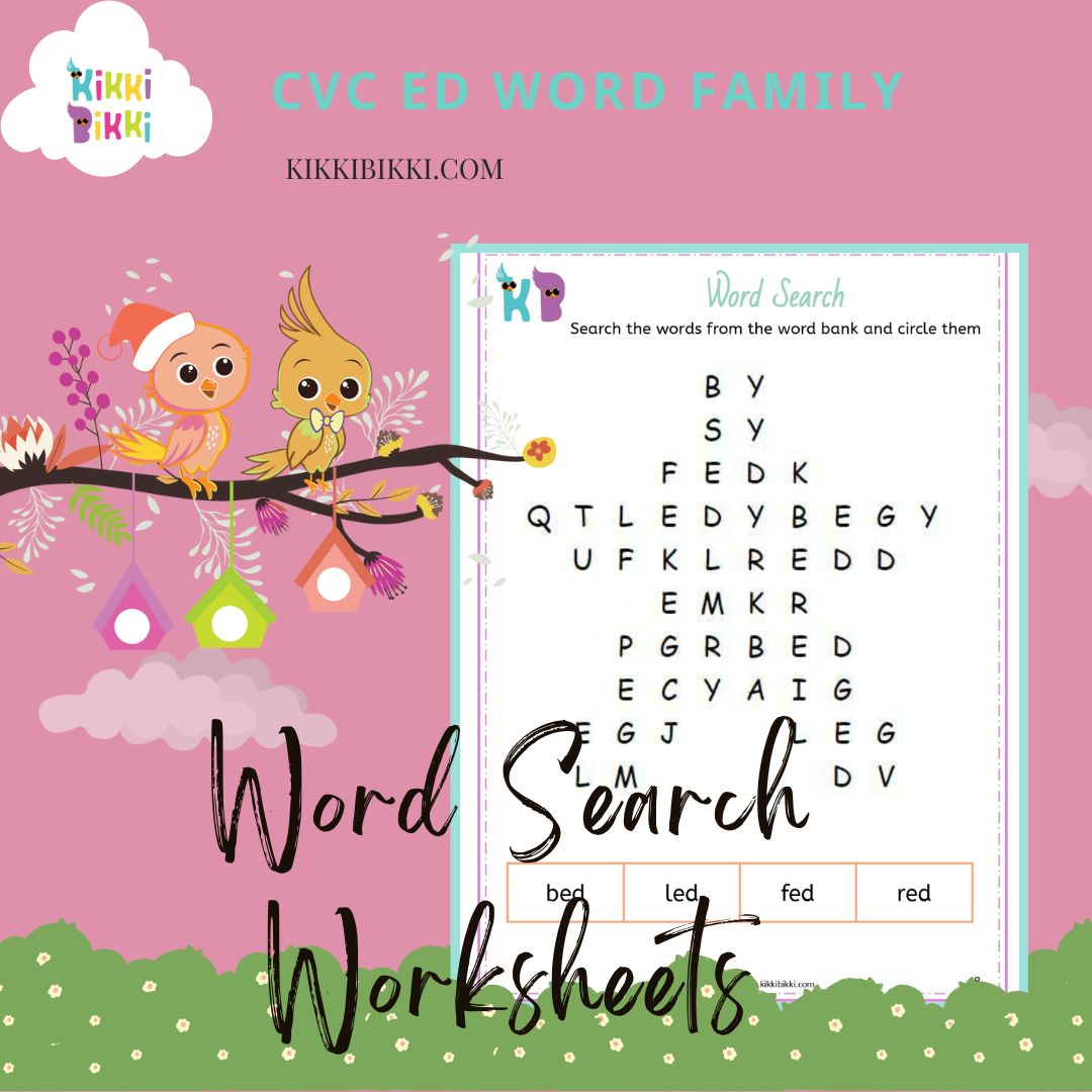 CVC ED Word Family - Word Search Worksheets for Kindergarten